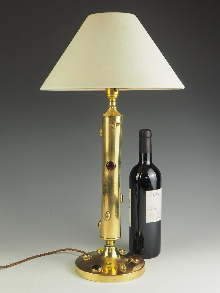 Antique Brass Table Lamp with Cabouchon Stones For Sale at 1stDibs