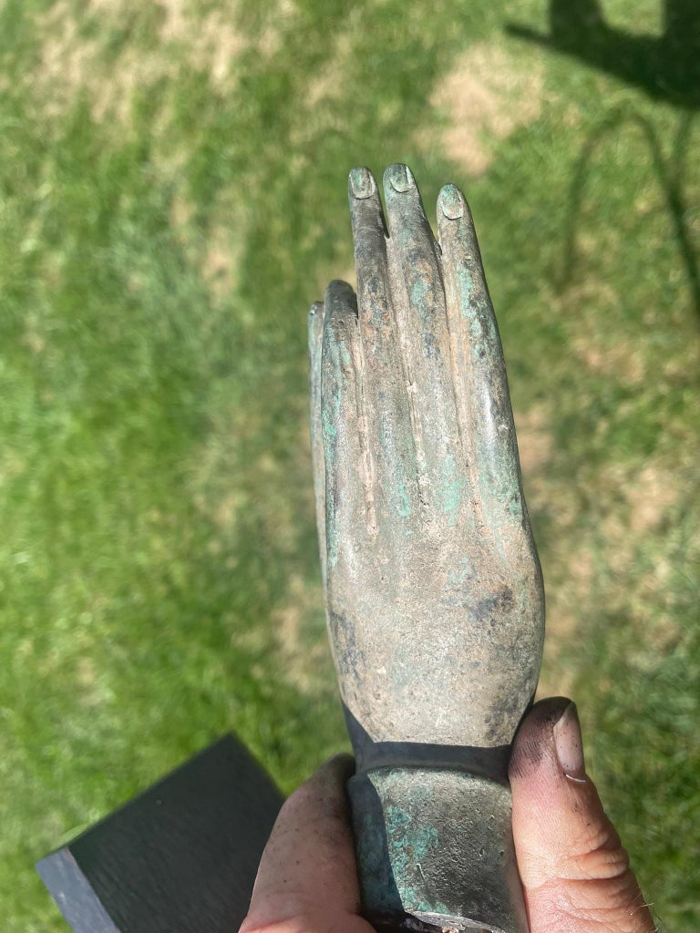 Antique Bronze Blue Patina Buddha Hand, 150 Years Old For Sale at 1stDibs