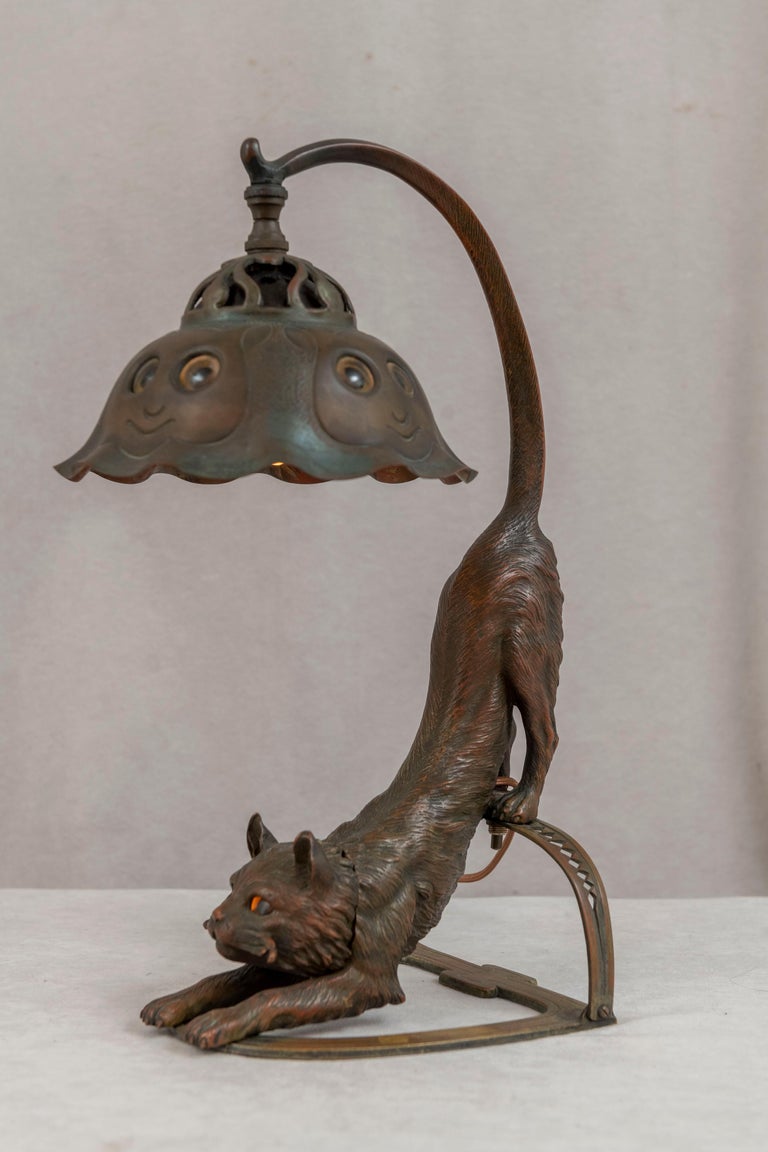 Antique Bronze Cat Lamp on all Fours, Cat Faces on Shade, German ca ...