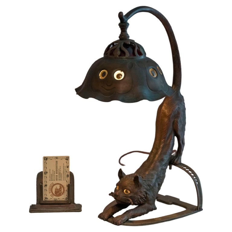Antique Bronze Cat Lamp on all Fours, Cat Faces on Shade, German ca ...