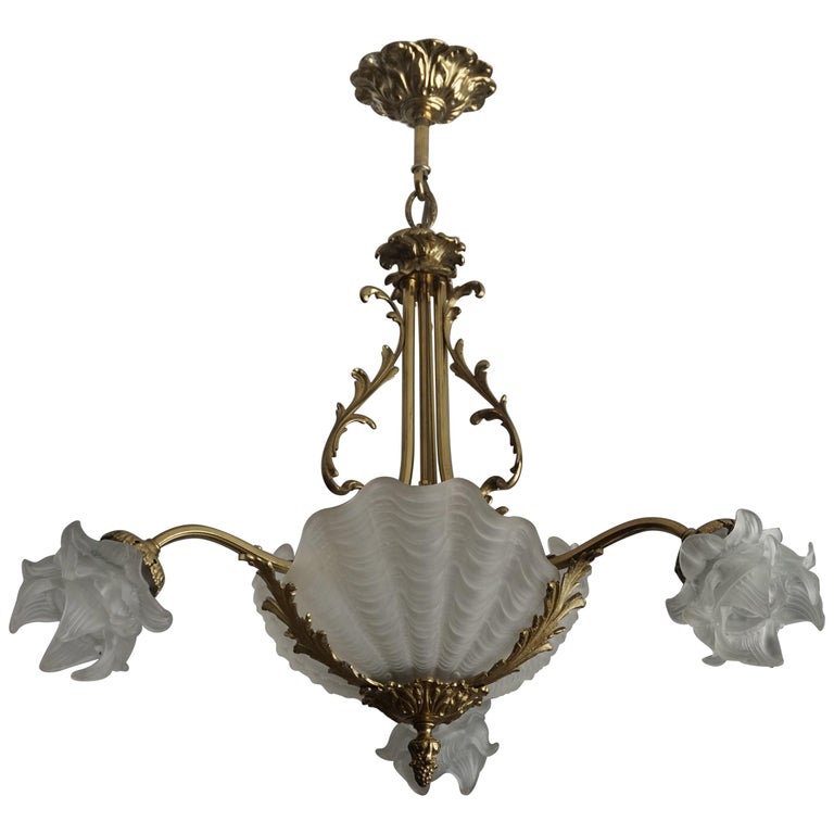 Antique Bronze Chandelier or Pendant Light with Glass Scallop Shell ...