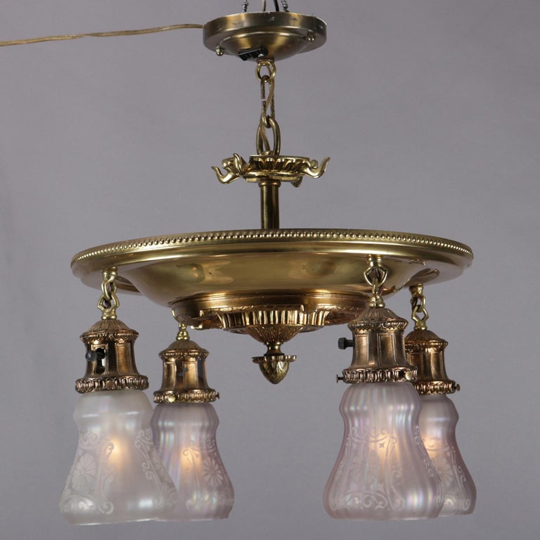 Antique Bronze Drop Light Chandelier, Etched Opalescent Glass Shades ...