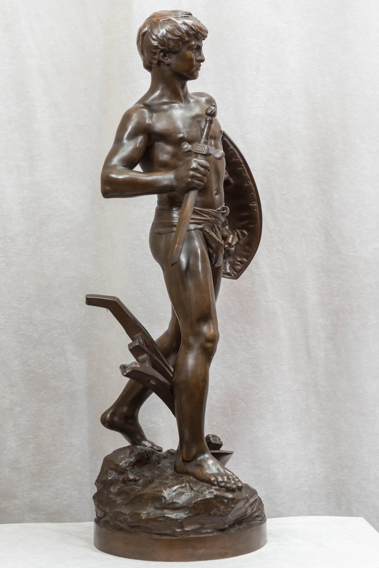 Antique Bronze Figure of a Young Handsome Warrior, Artist Signed at 1stDibs