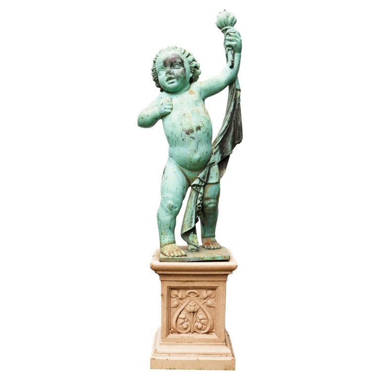Antique Bronze Garden Statue Depicting Putto For Sale at 1stDibs