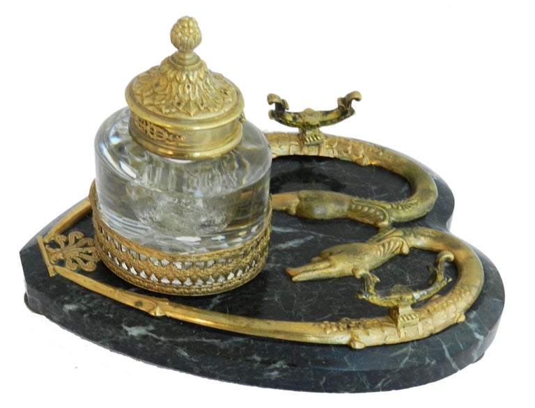 Antique Bronze Marble Inkwell Desk Serpent Inkstand French c1880 FREE ...