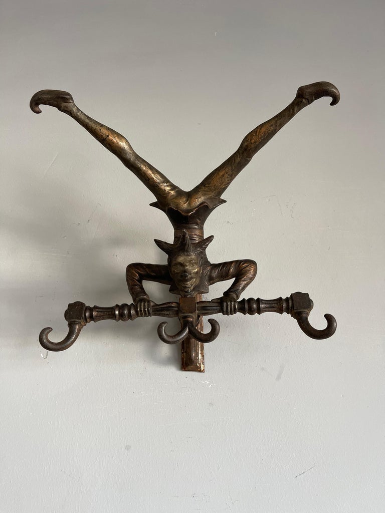 Antique Bronzed Iron Wall Key or Coat Rack w. Acrobatic Jester Figure ...