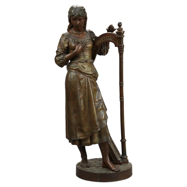 Antique Bronzed Metal Sculpture of Woman with a Harp, 19th C at 1stDibs