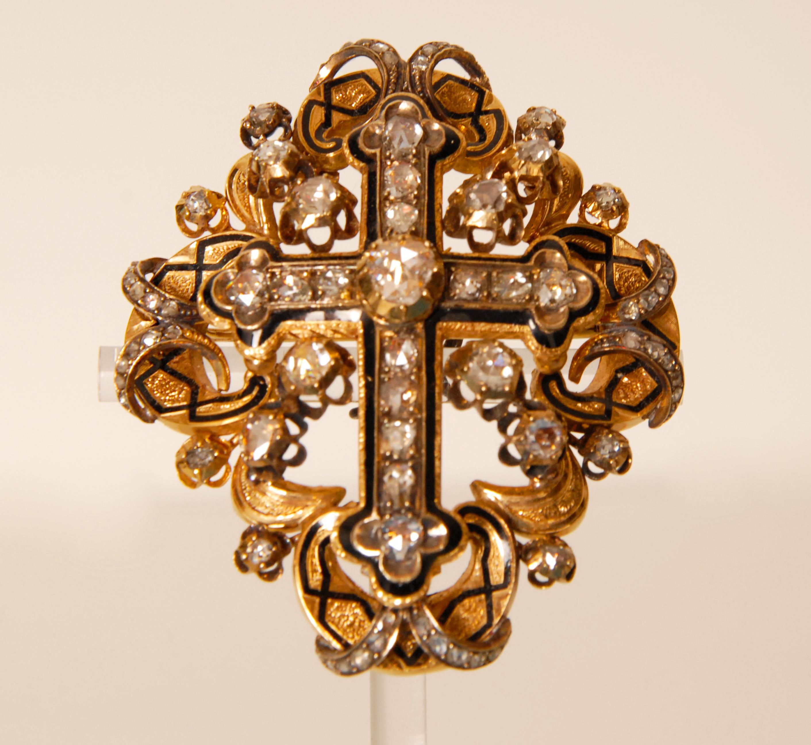 Antique Diamond Brooch Gold Enamel Renaissance Revival Rose Cut ...