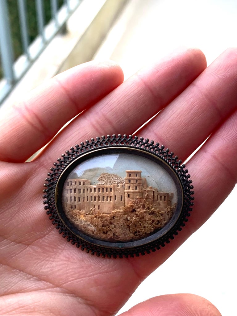 Antique Brooch with Miniature Carved Cork Diorama Metall Kork Paper For ...