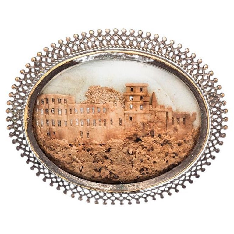 Antique Brooch with Miniature Carved Cork Diorama Metall Kork Paper For ...