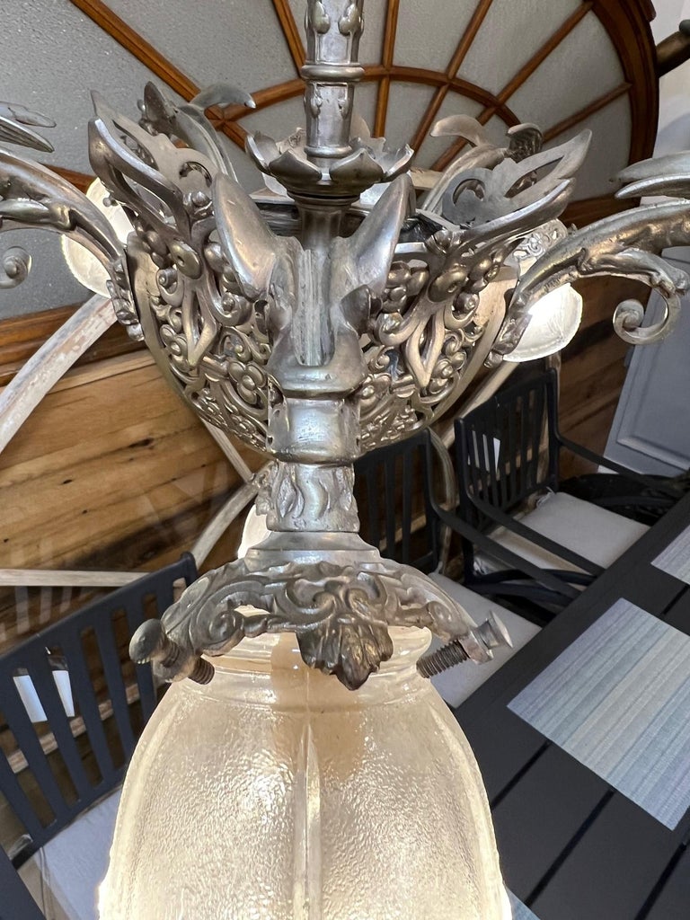 Antique Brushed Nickel Finish Brass 6 Light Chandelier with 5 Griffin Arms For Sale at 1stDibs
