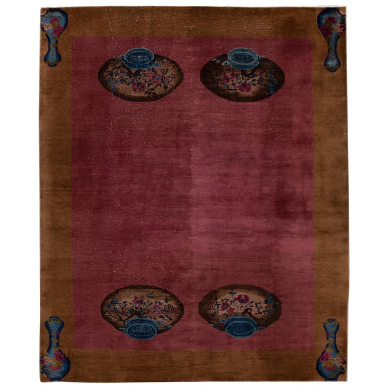 Antique Burgundy Art Deco Chinese Handmade Wool Rug For Sale at 1stDibs