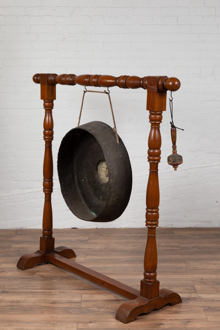 Antique Burmese Bronze Temple Gong with Mallet Mounted on Turned Wooden ...