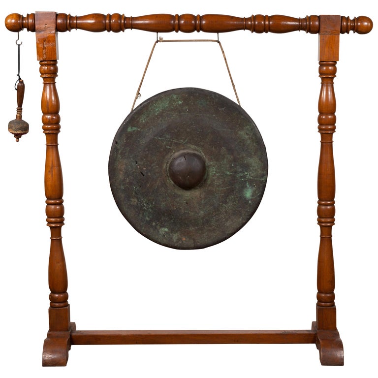 Antique Burmese Bronze Temple Gong with Mallet Mounted on Turned Wooden ...