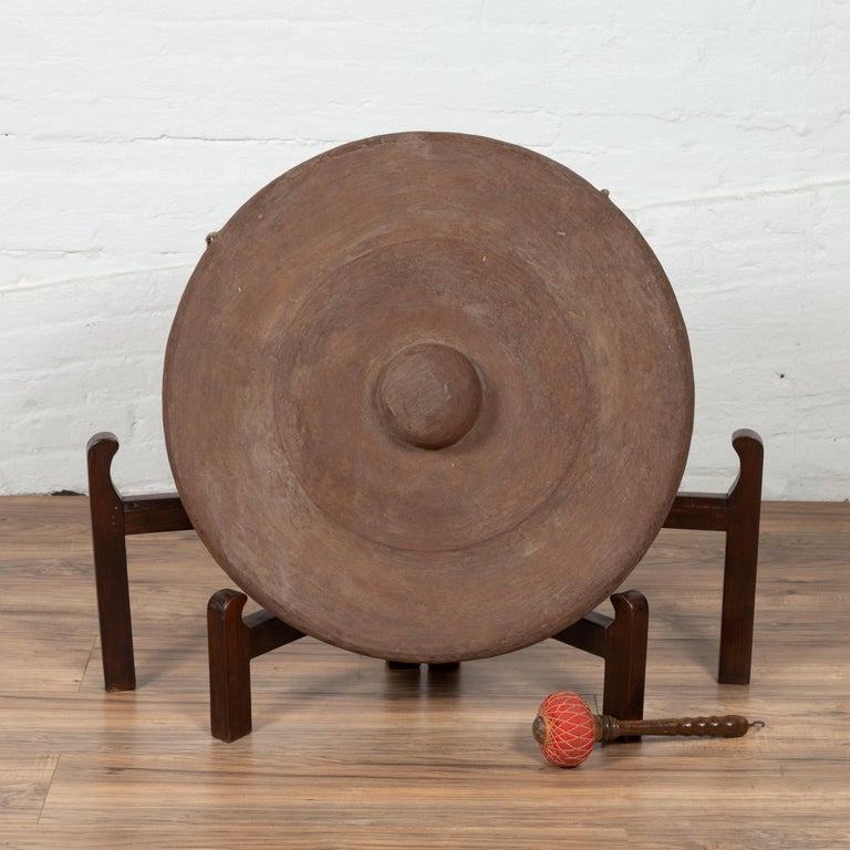 Antique Burmese Bronze Temple Gong with Red Mallet and Raised Center at ...