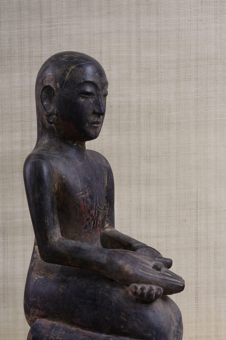 Antique Burmese Carved Kneeling Monk, Lacquer over Wood, 19th Century ...