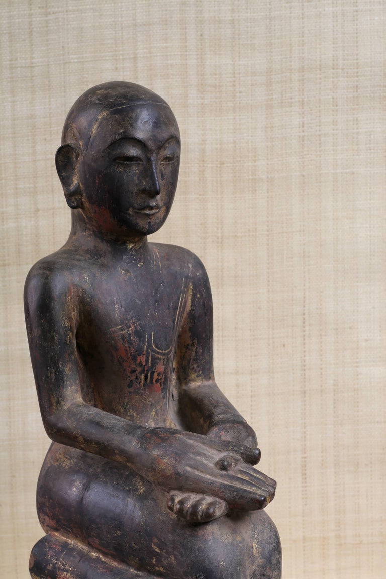 Antique Burmese Carved Kneeling Monk, Lacquer over Wood, 19th Century ...