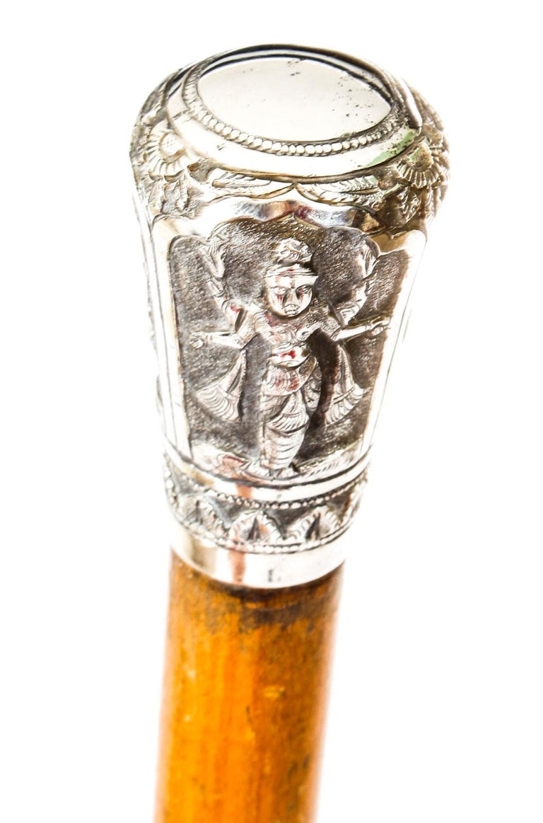Burmese Silver Walking Stick Cane with Domed Pommel with Deities 19th ...