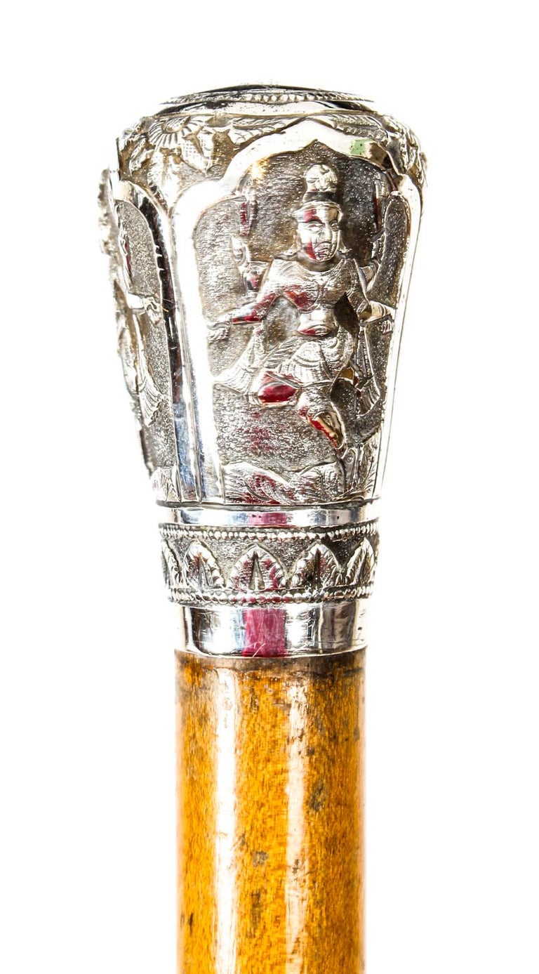 Burmese Silver Walking Stick Cane with Domed Pommel with Deities 19th ...