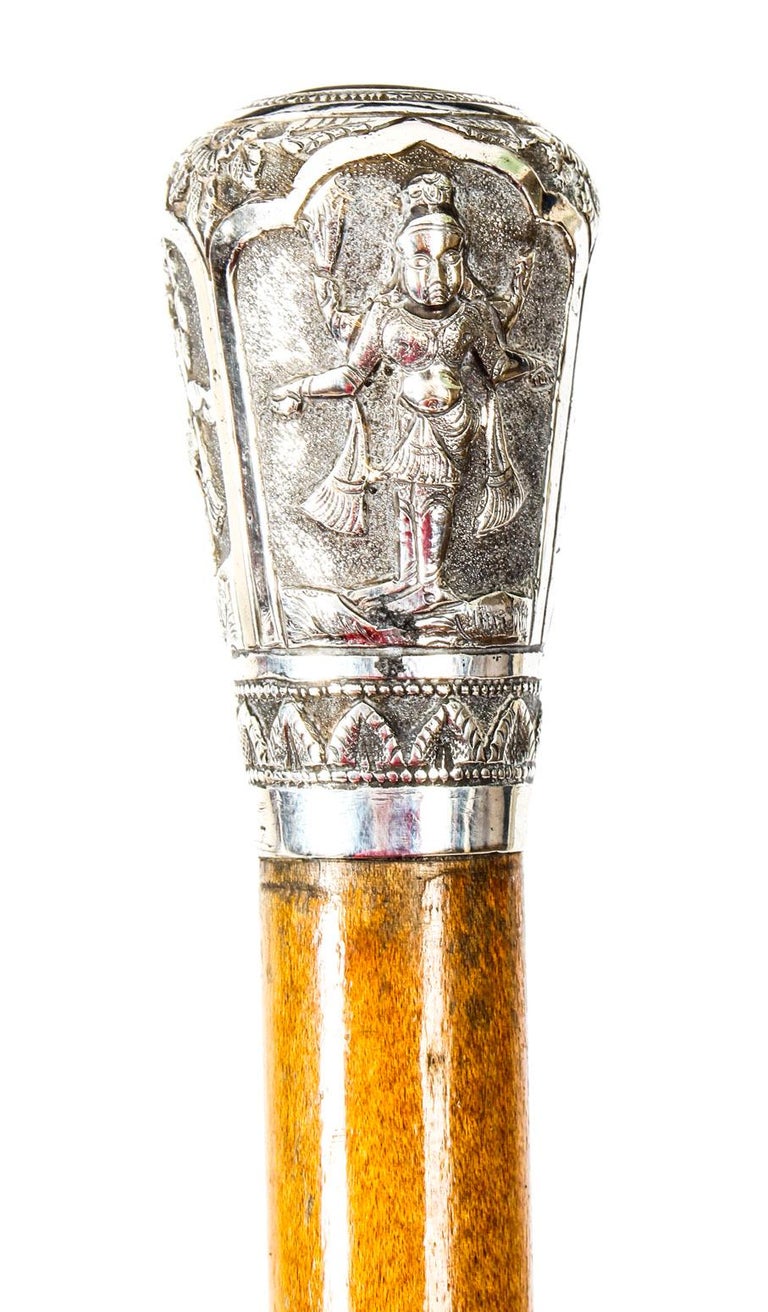 Burmese Silver Walking Stick Cane with Domed Pommel with Deities 19th ...