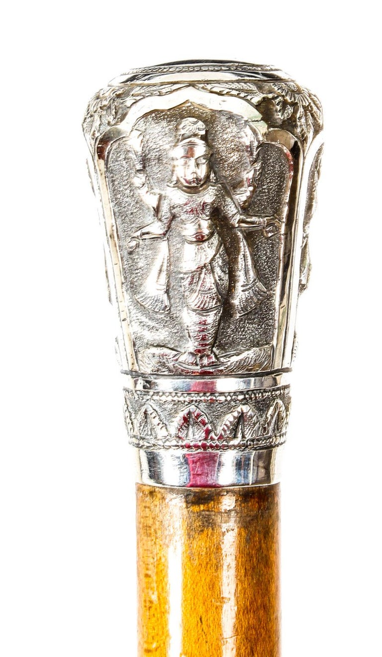 Burmese Silver Walking Stick Cane with Domed Pommel with Deities 19th ...
