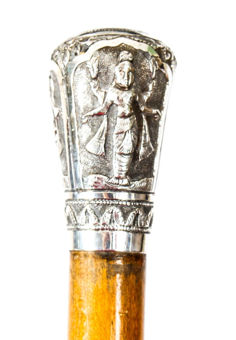 Burmese Silver Walking Stick Cane with Domed Pommel with Deities 19th ...