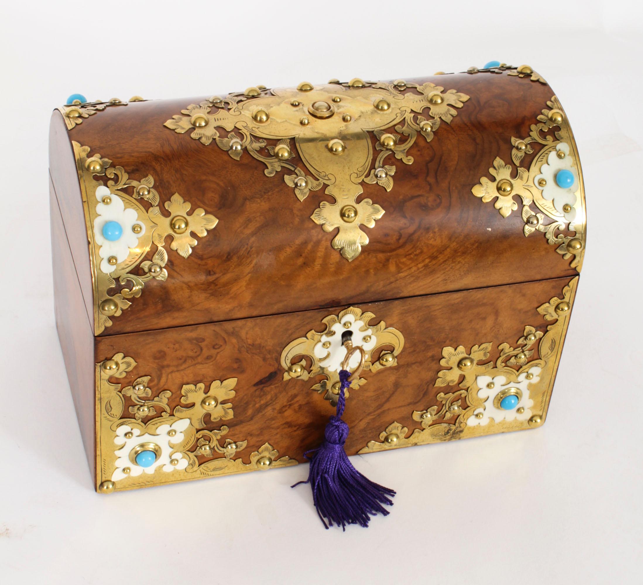 Antique Burr Walnut, Ivorine and Brass Box Domed Casket with Key 19th ...