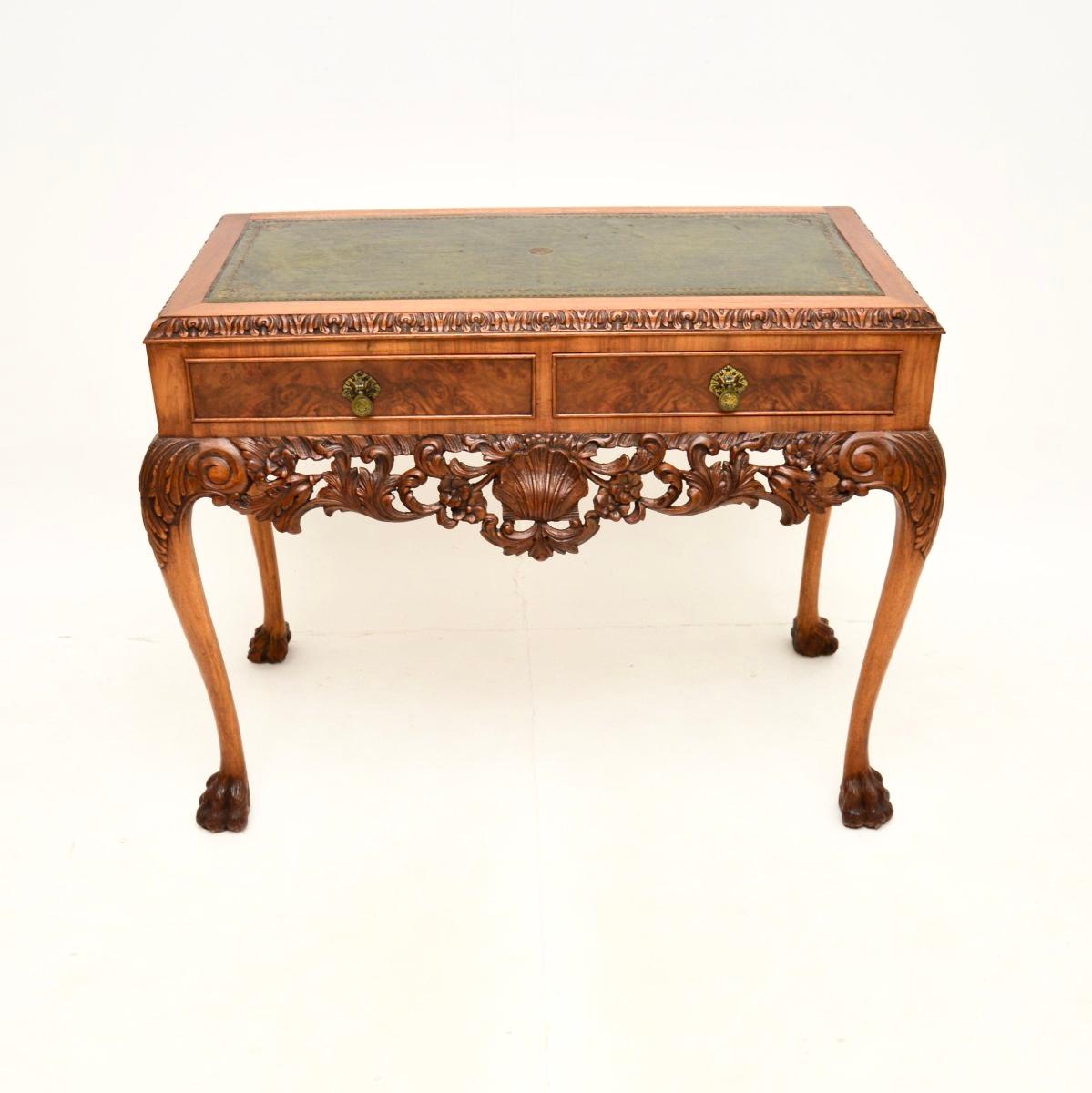 Antique Burr Walnut Leather Top Side Table For Sale at 1stDibs