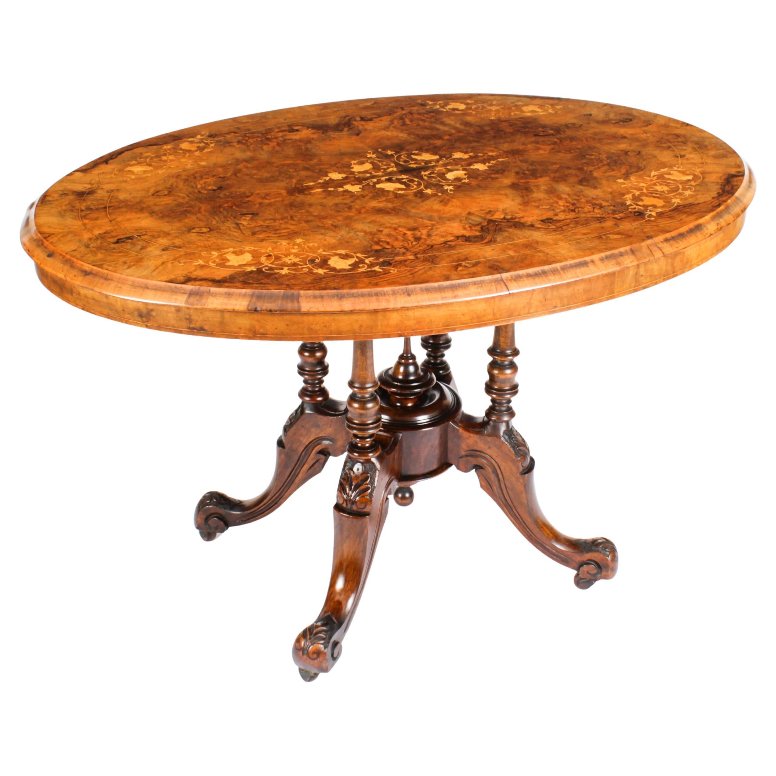 Antique Burr Walnut Marquetry Oval Loo Table, circa 1860 at 1stDibs