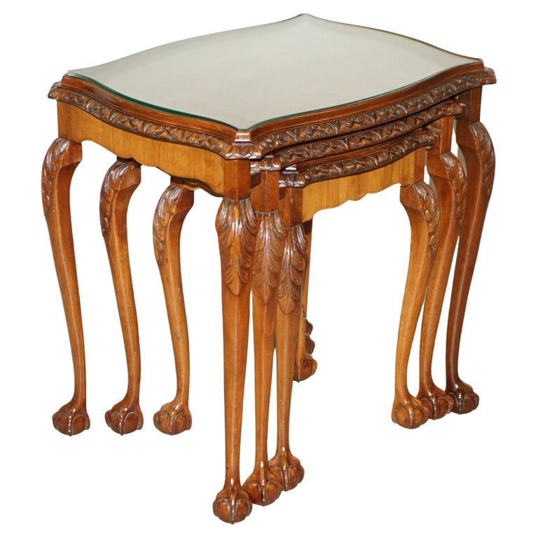 Antique Burr Walnut Serpentine Nest of 3 Stacking Tables with Claw and ...