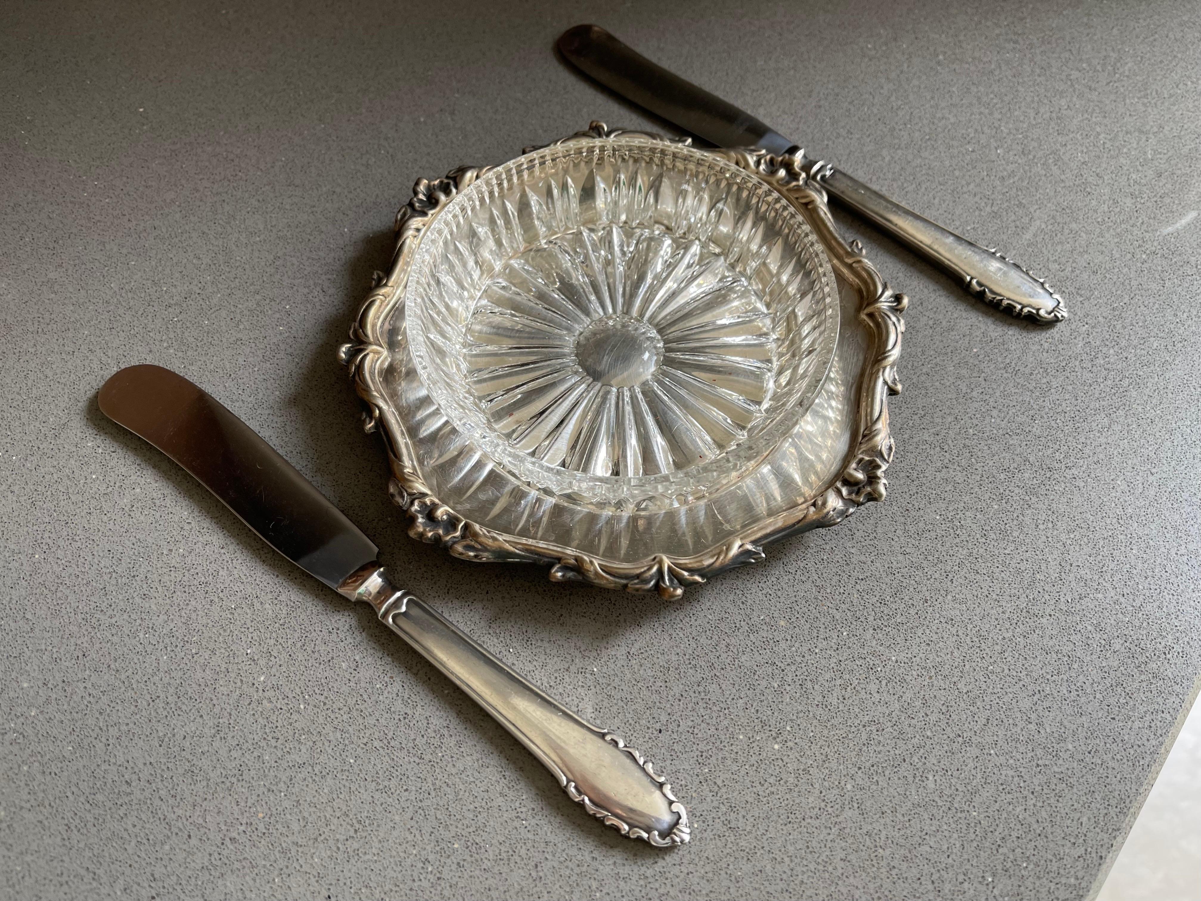 Antique Butter Dish and Knife, Silver Crystal Butter Dish Decorative ...