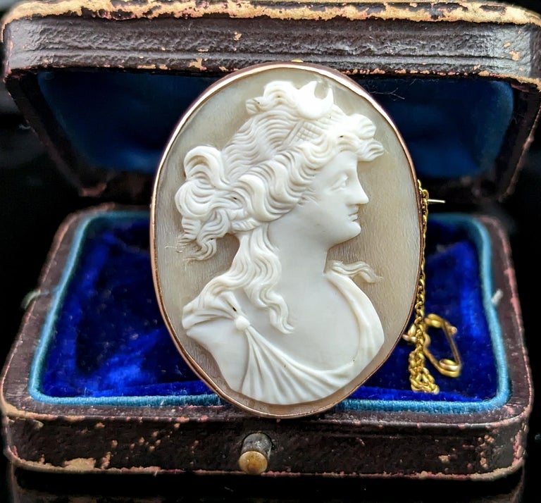 Antique Cameo brooch, Nyx goddess, 9k rose gold For Sale at 1stDibs