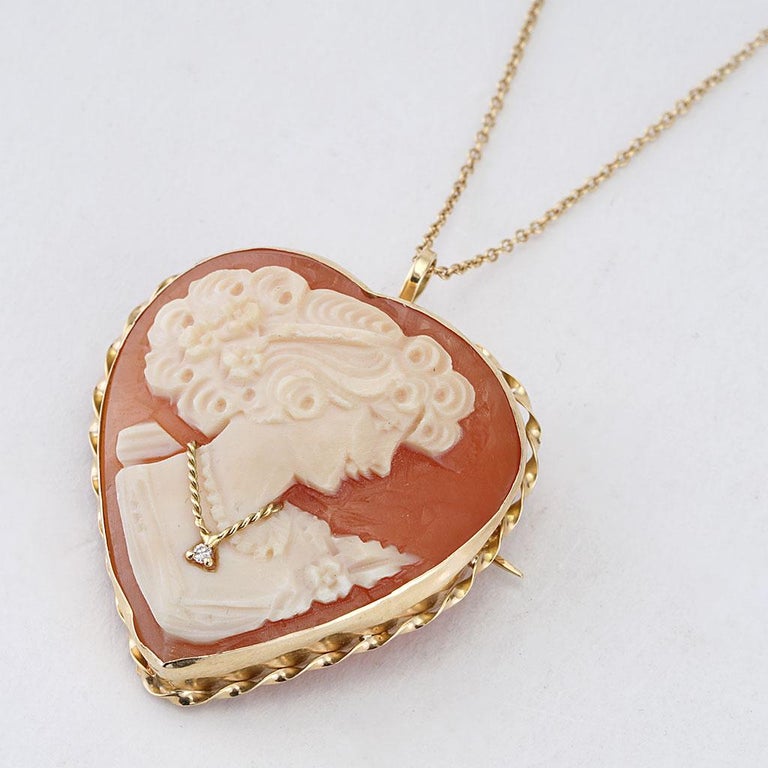 Antique Cameo Heart Pin with Diamond in 14K Yellow Gold For Sale at 1stDibs