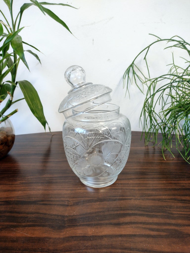 Antique Candy Jar in Carved Glass For Sale at 1stDibs