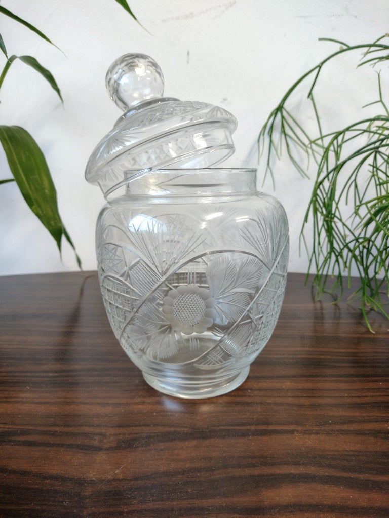 Antique Candy Jar in Carved Glass For Sale at 1stDibs