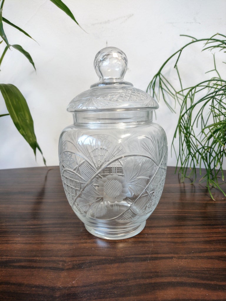 Antique Candy Jar in Carved Glass For Sale at 1stDibs