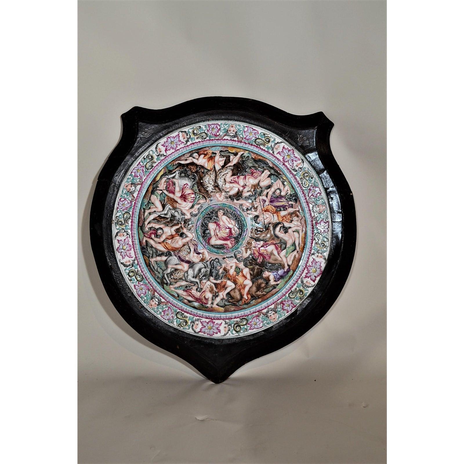 Antique Capo Di Monte Porcelain Shield in Wooden Frame For Sale at 1stDibs