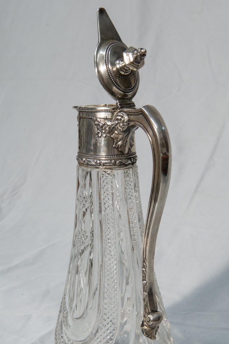 Antique Carafe in Engraved Crystal and Silver For Sale at 1stDibs