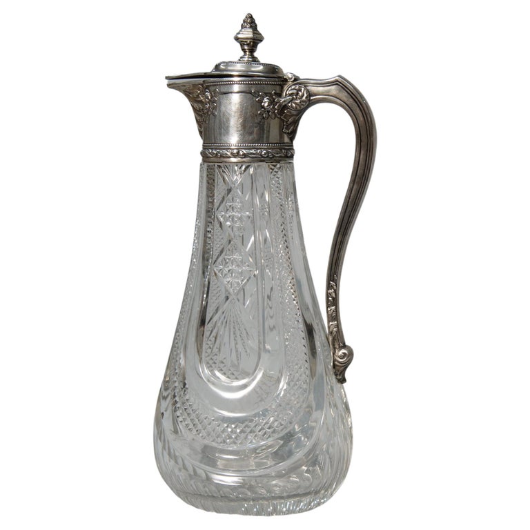 Antique Carafe in Engraved Crystal and Silver For Sale at 1stDibs