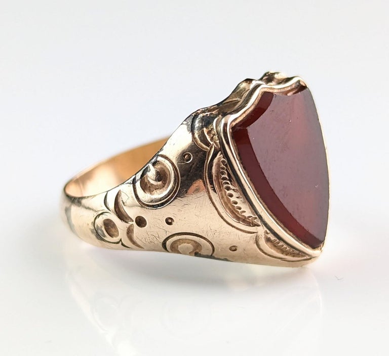 Antique Carnelian Signet Ring, Shield Shaped, Edwardian, Engraved 9k ...
