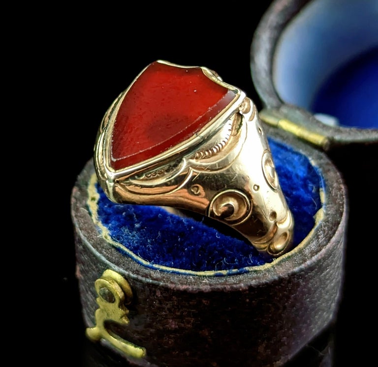 Antique Carnelian Signet Ring, Shield Shaped, Edwardian, Engraved 9k ...