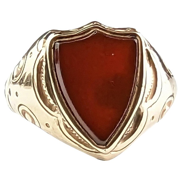 Antique Carnelian Signet Ring, Shield Shaped, Edwardian, Engraved 9k ...