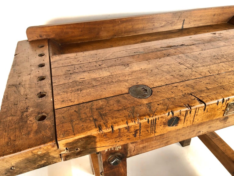 Antique Carpenters Wooden Work Table Industrial Bradford Machine Tool ...