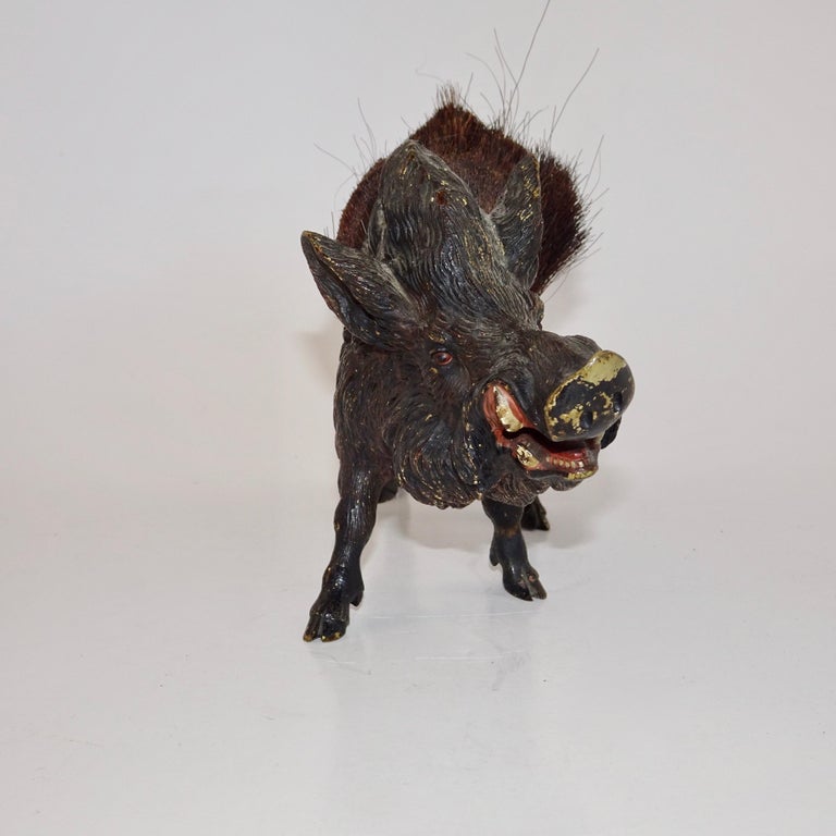 Antique Carved Black Iron Boar Figurine with Boar Hair, 19th Century ...