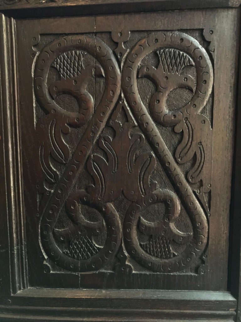 Antique Carved Black Oak Pilgrim's Trunk at 1stDibs