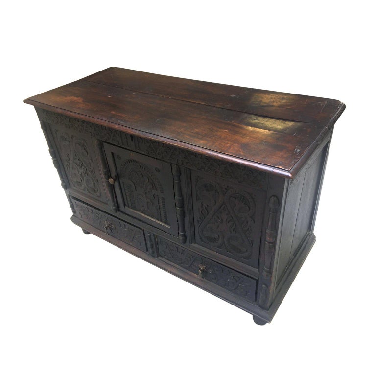 Antique Carved Black Oak Pilgrim's Trunk at 1stDibs