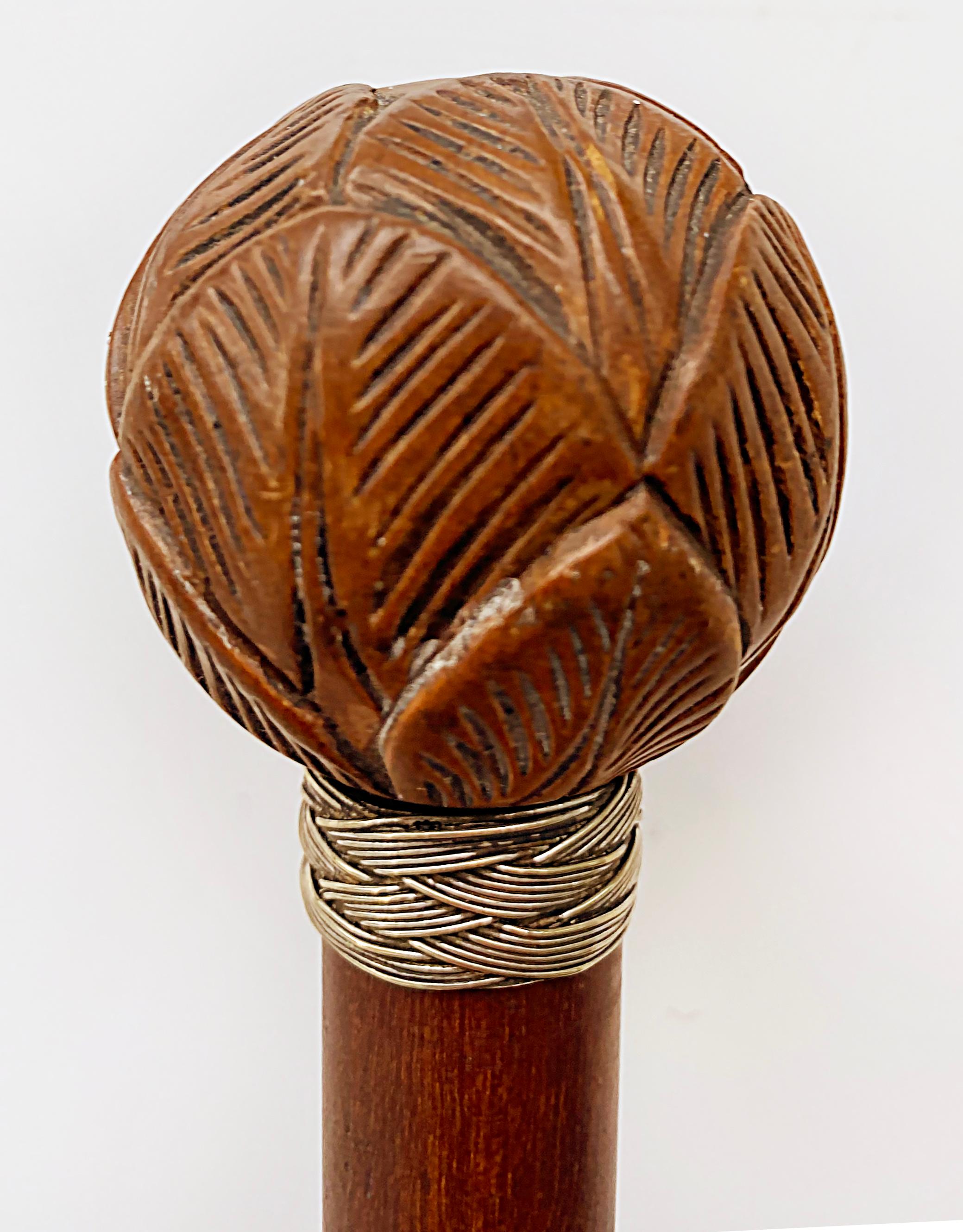 Antique Carved Chestnut Walking Stick with Braided Silver Banding For ...