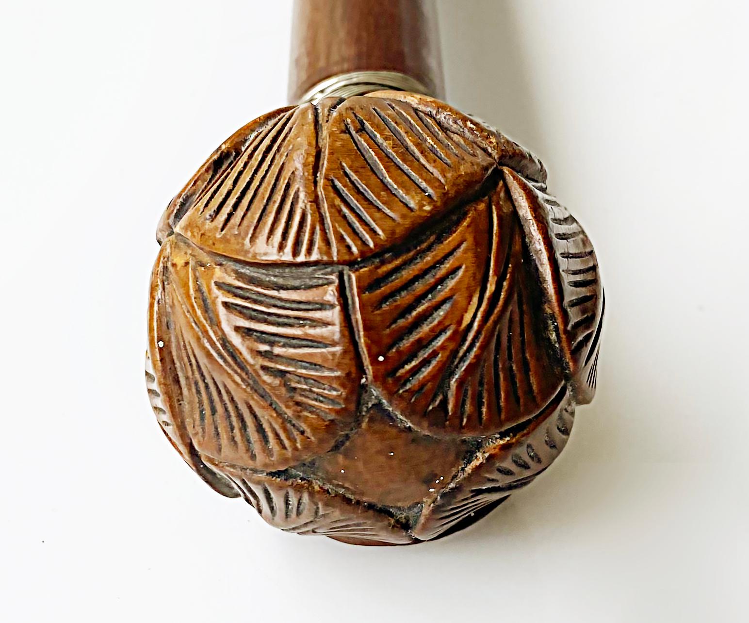 Antique Carved Chestnut Walking Stick with Braided Silver Banding For ...