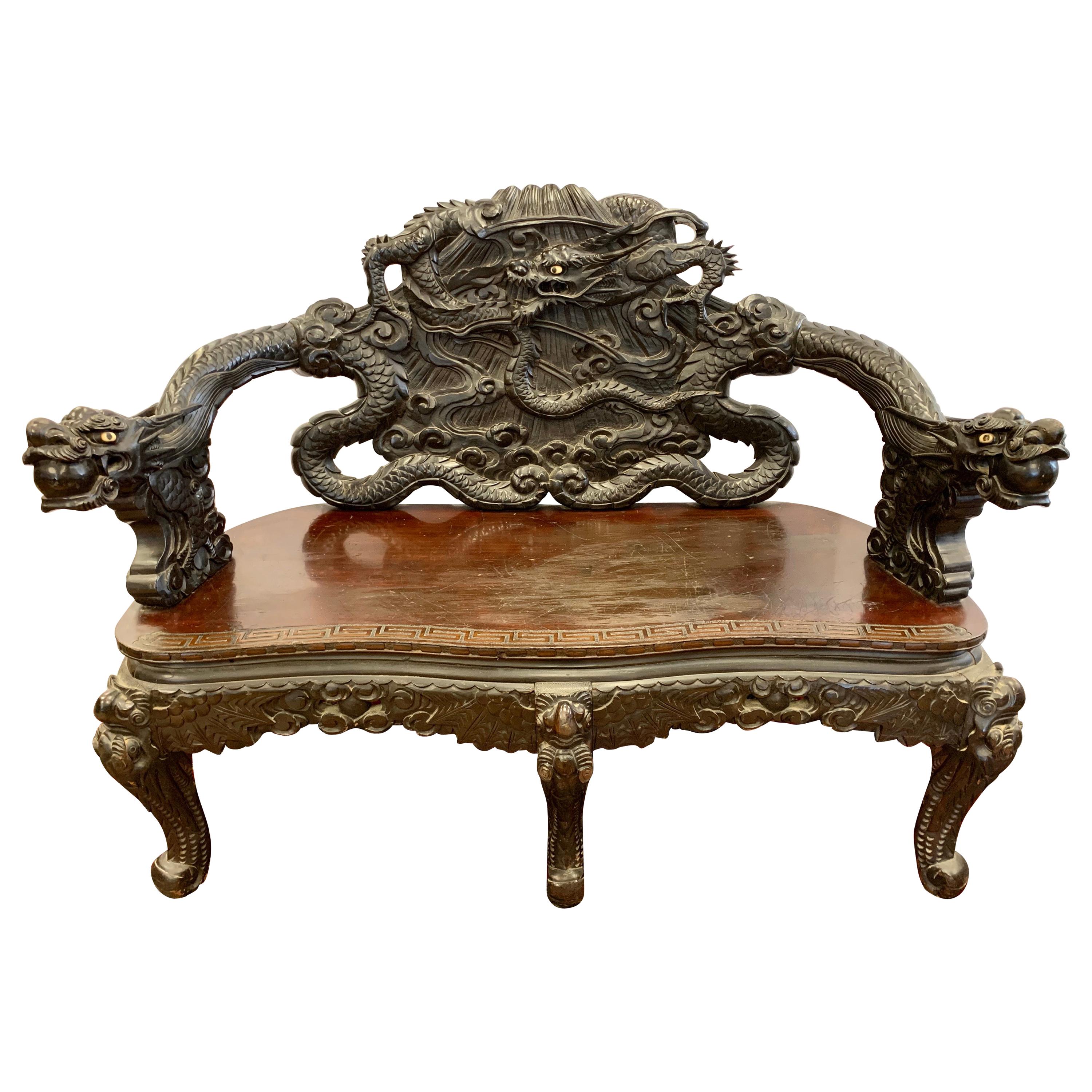 Antique Carved Chinese Dragon Bench Settee at 1stDibs