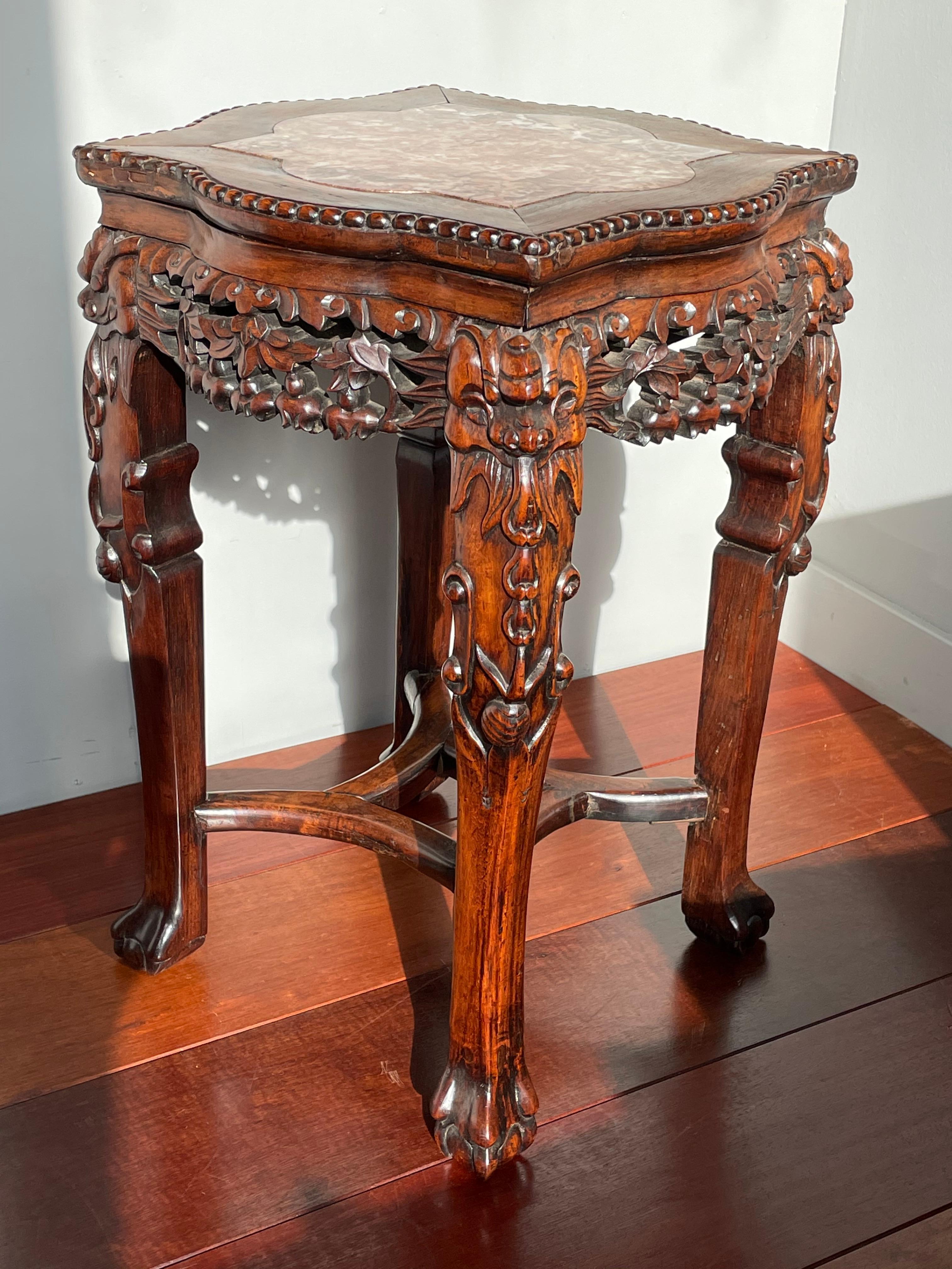 Antique Hand Carved Chinese Walnut and Marble Plant Stand / End Table w ...